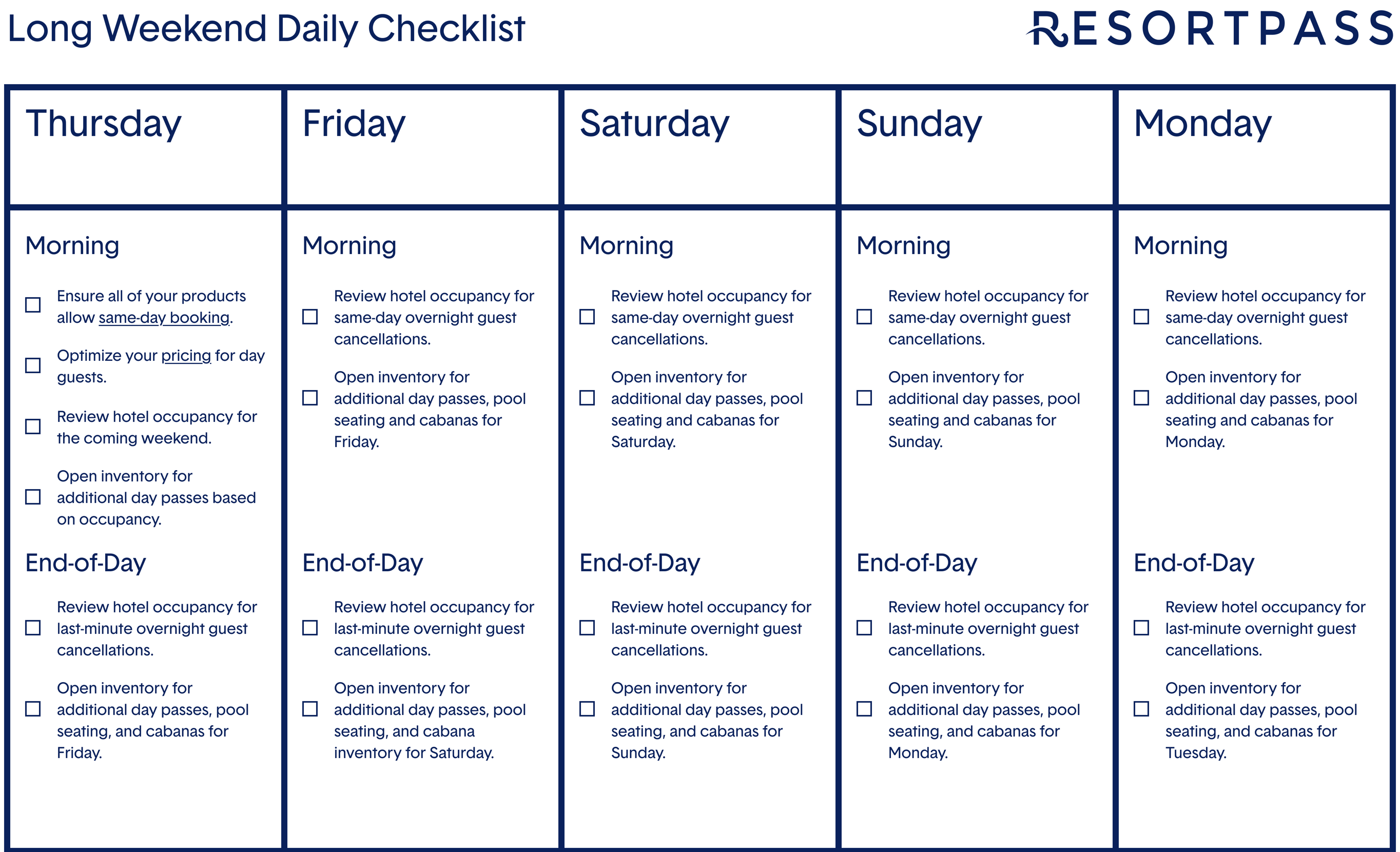 Long Weekend Daily Checklist